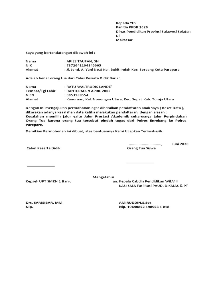 Contoh FORMAT Permohonan Reset | PDF