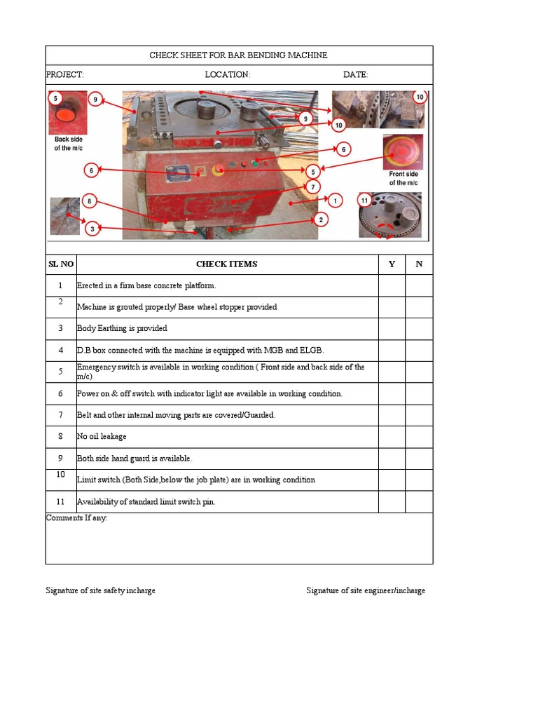 Bar Bending Machine Check Sheet | PDF