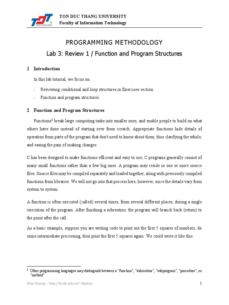 Programming Methodology Lab 3 Review 1 Function And Program Structures Pdf Subroutine