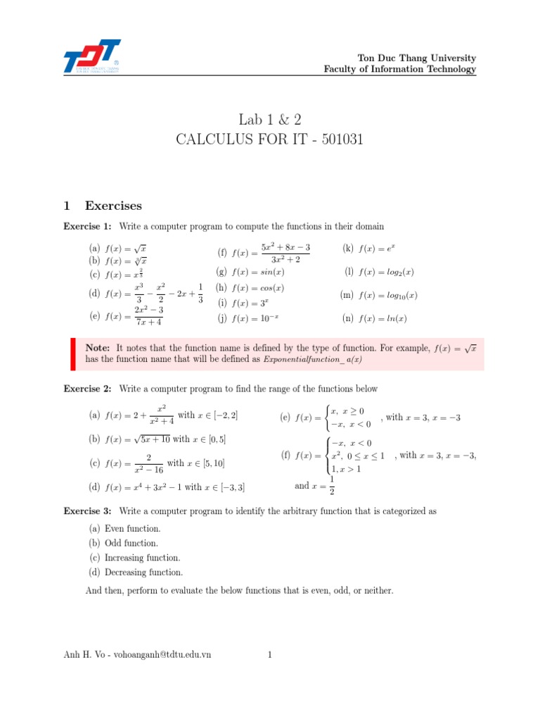 Lab 1 & 2 Calculus For It - 501031: 1 Exercises | Download Free PDF ...