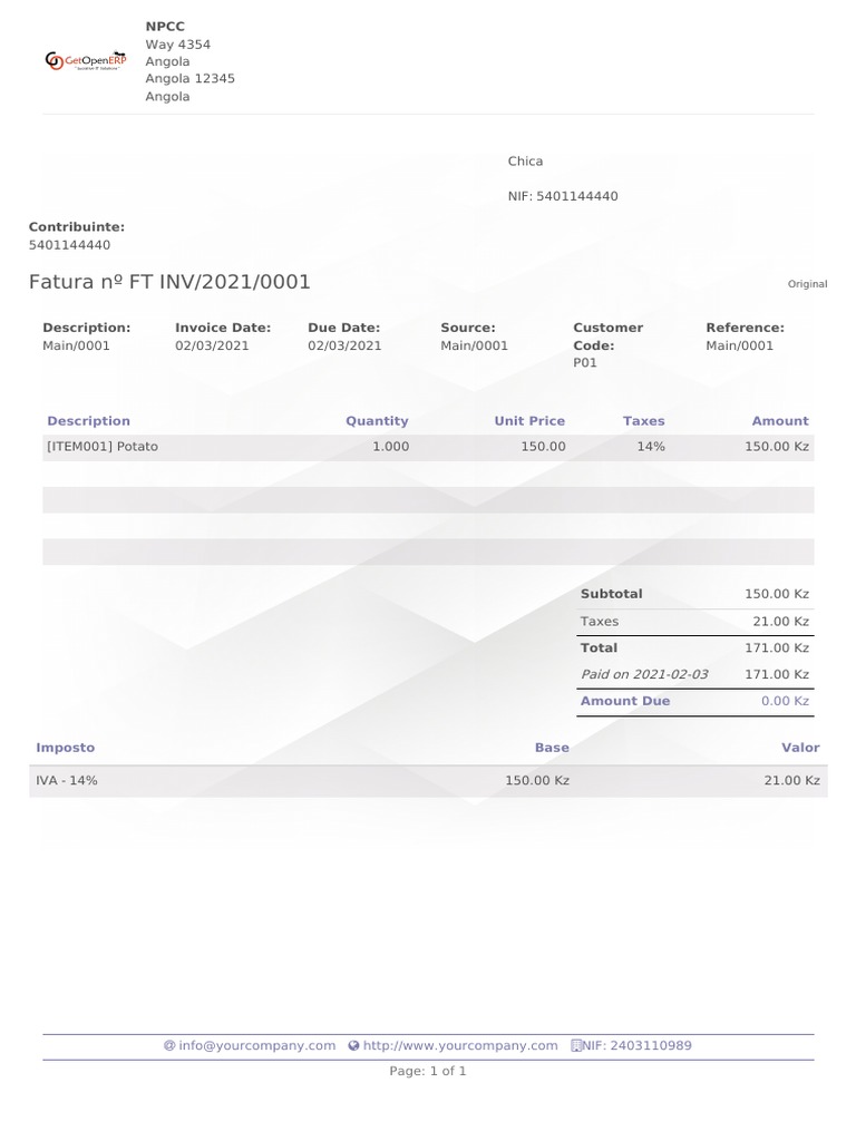 Fatura Nº FT INV/2021/0001: Way 4354 Angola Angola 12345 Angola | PDF ...