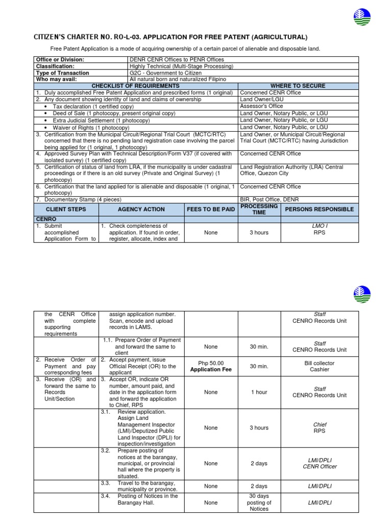 L 03 Application For Free Patent Agricultural | PDF | Notary Public | Patent