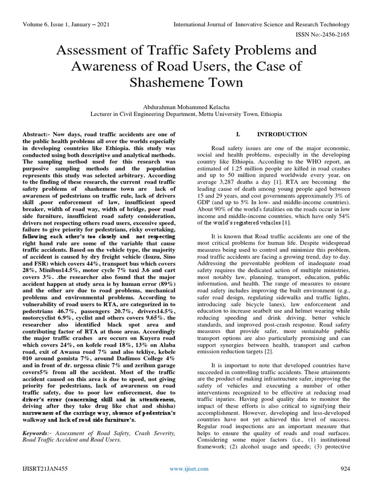 Assessment of Traffic Safety Problems and Awareness of Road Users, The ...