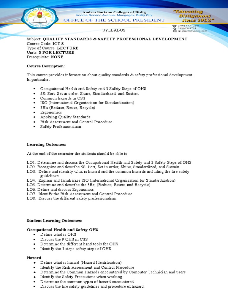 Ict 8 Syllabus | Download Free PDF | Occupational Safety And Health ...