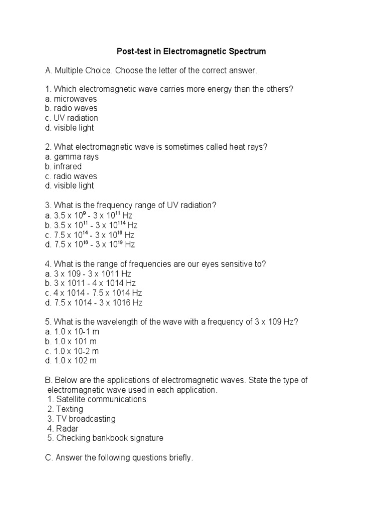 Post-Test (Electromagnetic Spectrum) | PDF