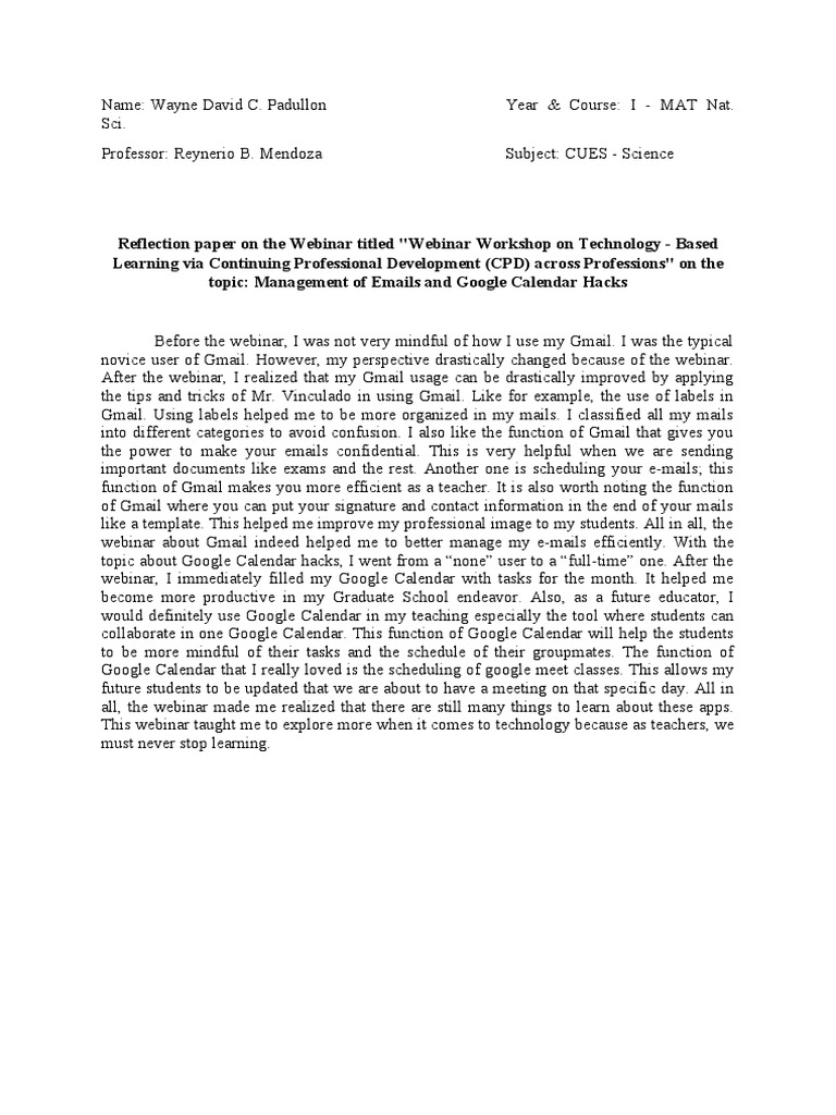 Reflection Paper (WEBINAR #1) | PDF