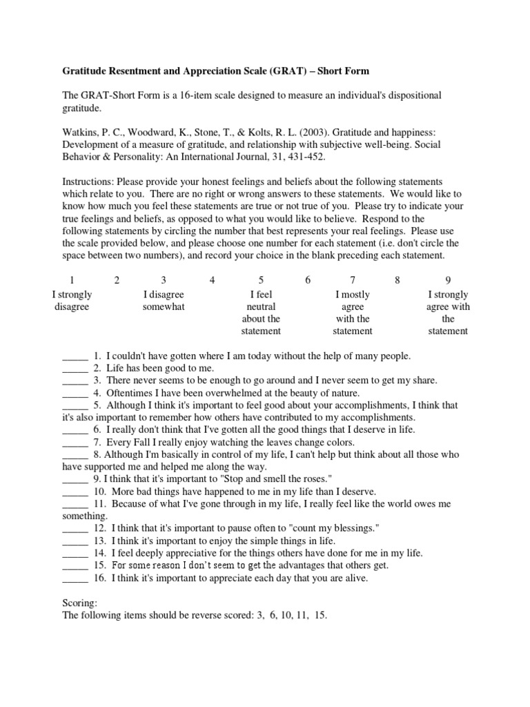Gratitude Resentment and Appreciation Scale (GRAT) - Short Form | PDF ...
