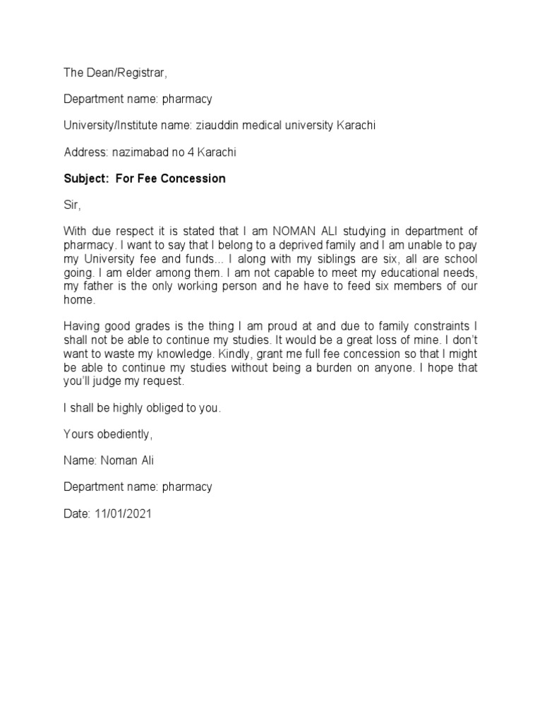 Letter Format For Fee Concession in University | PDF