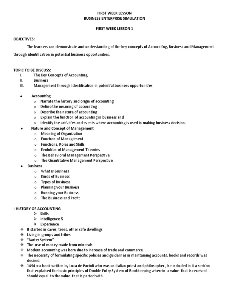 First Week Lesson Business Enterprise Simulation First Week Lesson 1 ...