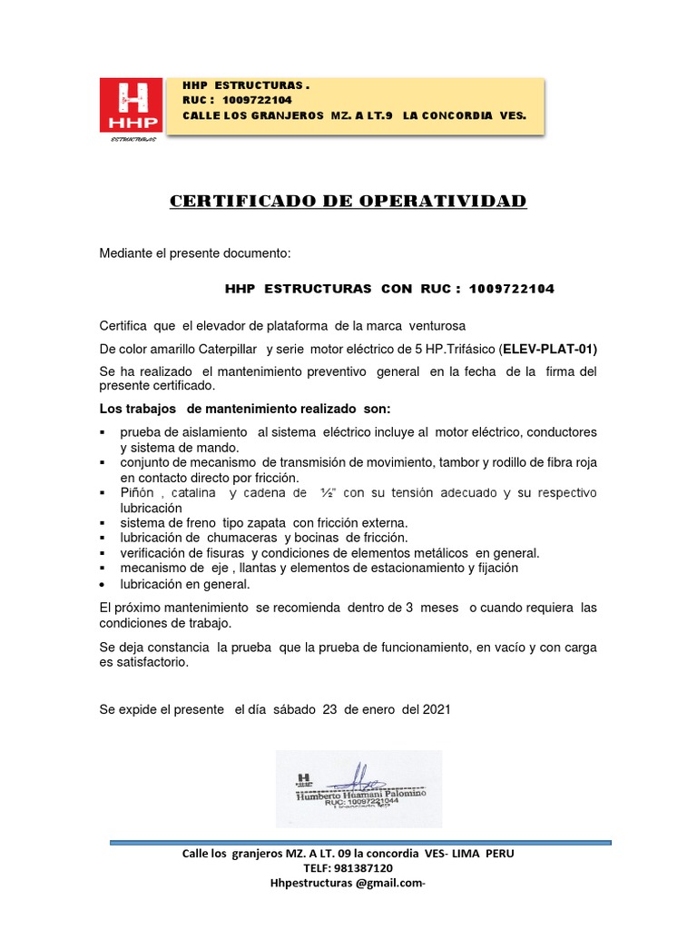 CERTIFICADO Elevador de Plataforma | PDF