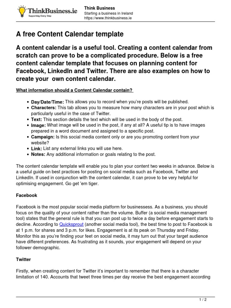 A Free Content Calendar Template and Guide | PDF | Social Media ...