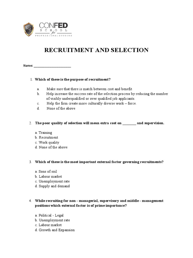RECRUITMENT AND SELECTION Mcqs | PDF | Recruitment | Labour Economics