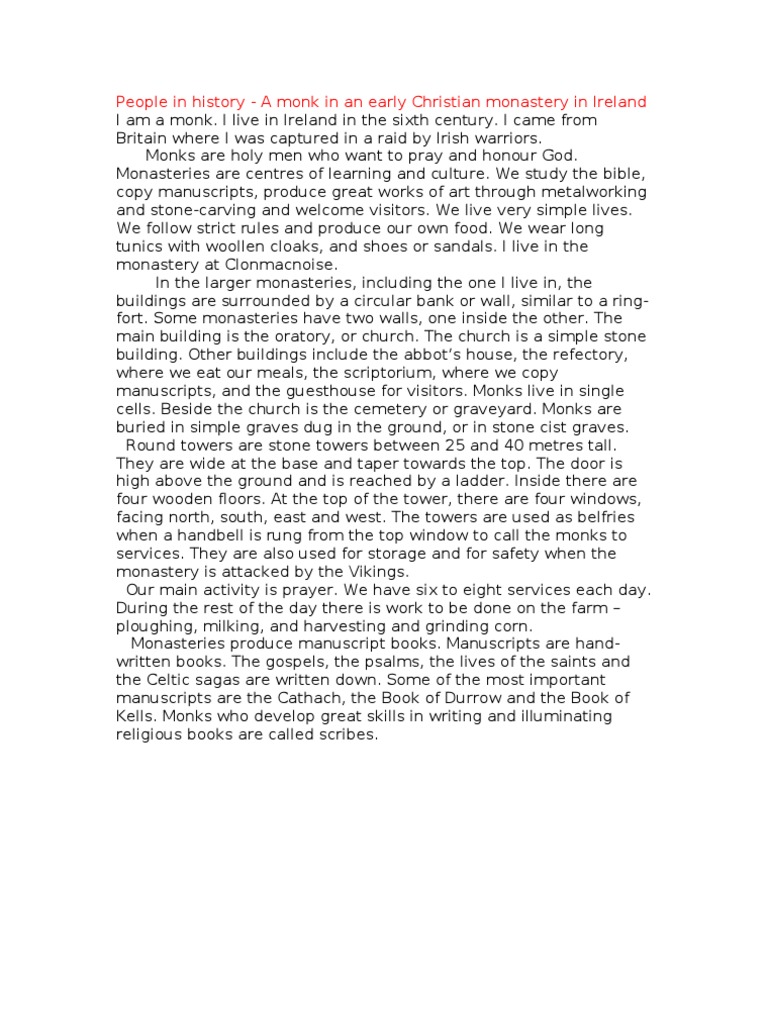 Life of a Monk in 6th Century Ireland | PDF | Monk | Monastery