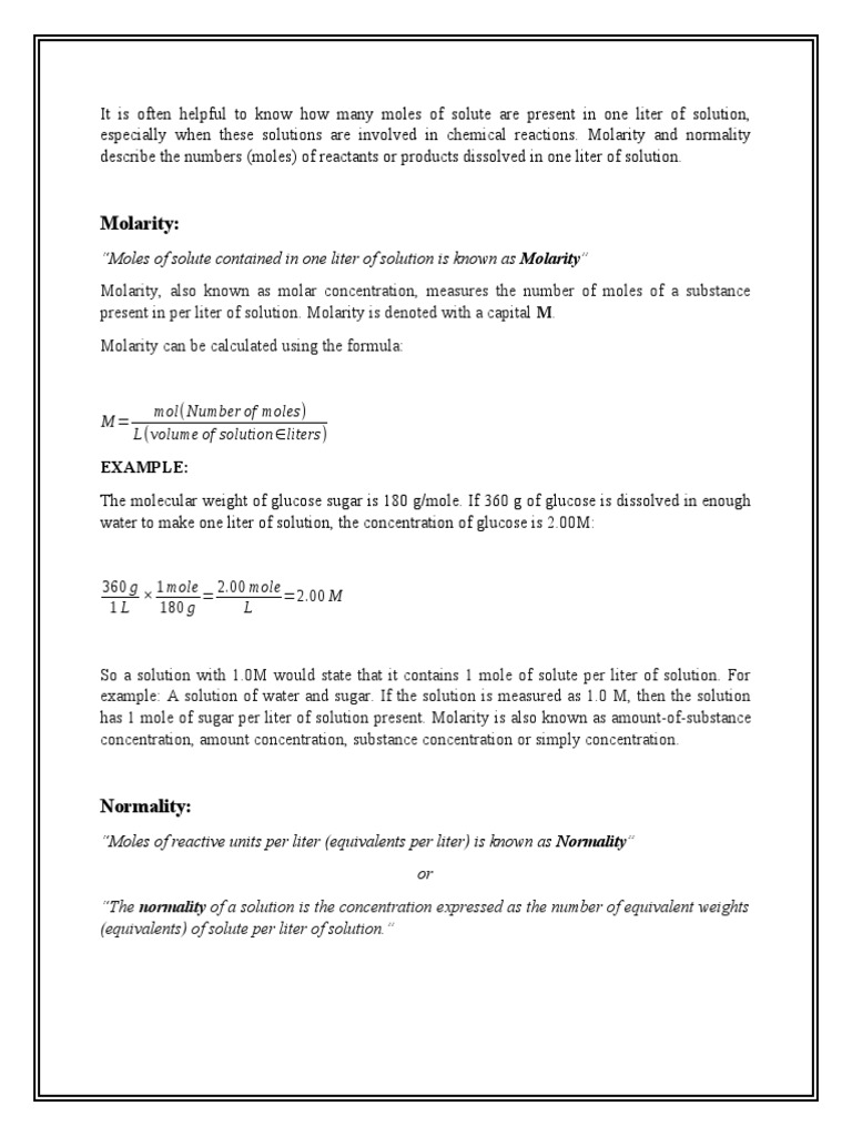 Molarity:: "Moles of Solute Contained in One Liter of Solution Is Known ...