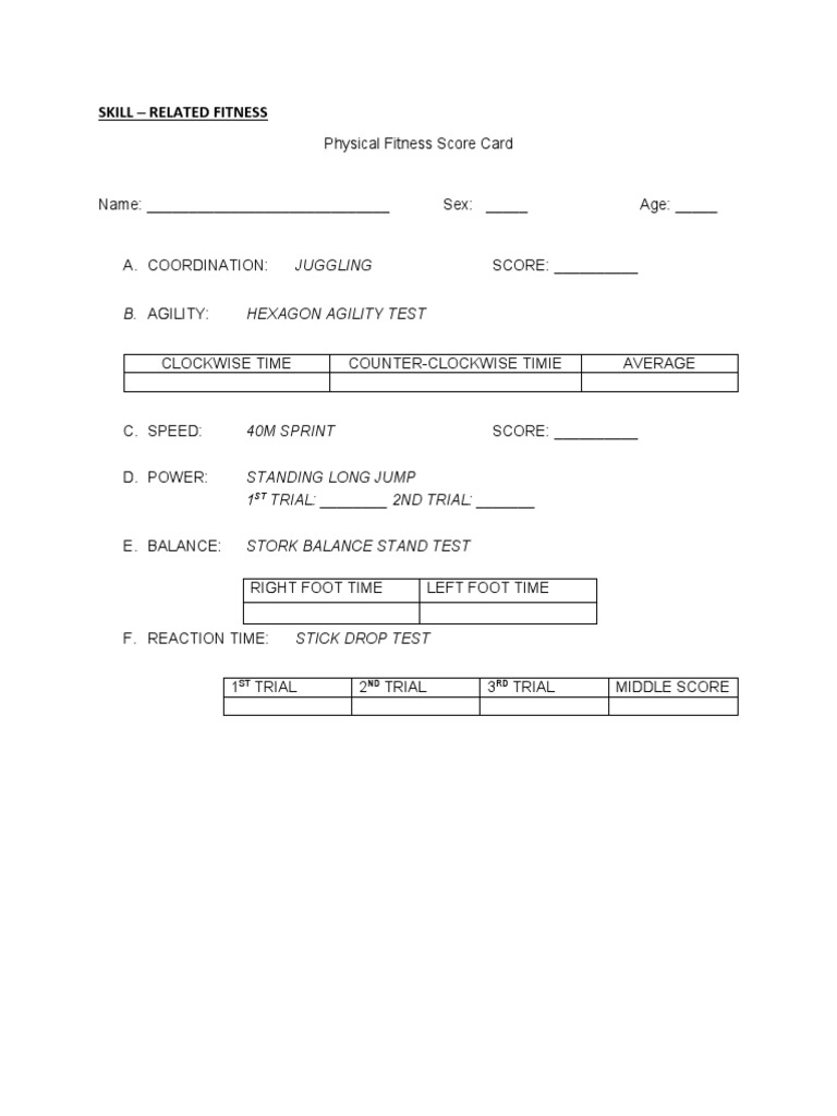 Skill-Related Fitness Assessment Form | PDF