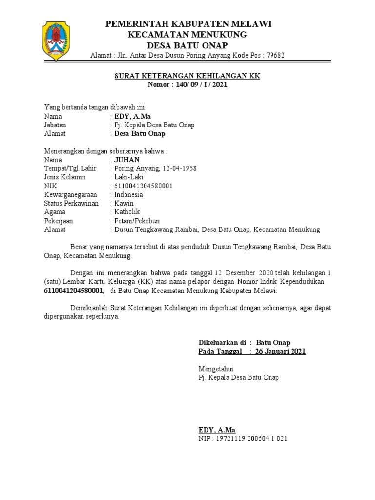 Surat Keterangan KK Batu Onap | PDF Surat Keterangan KK Batu Onap | PDF