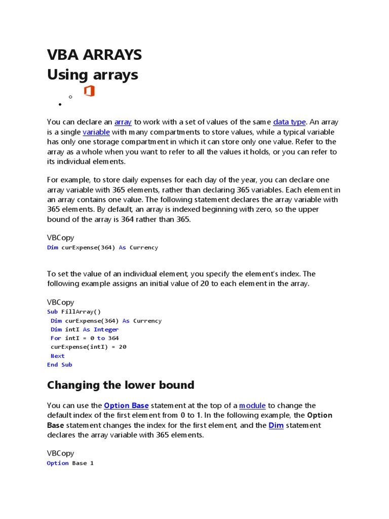 Vba Arrays Using Arrays: Changing The Lower Bound | Download Free PDF | Array Data Type ...