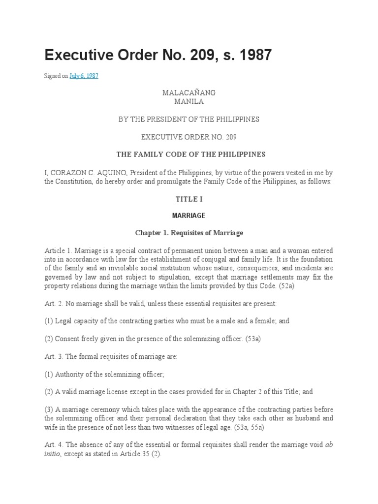 Executive Order No. 209, S. 1987: The Family Code of The Philippines ...