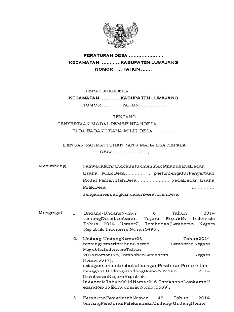 Contoh Perdes Penyertaan Modal BUMDes | PDF