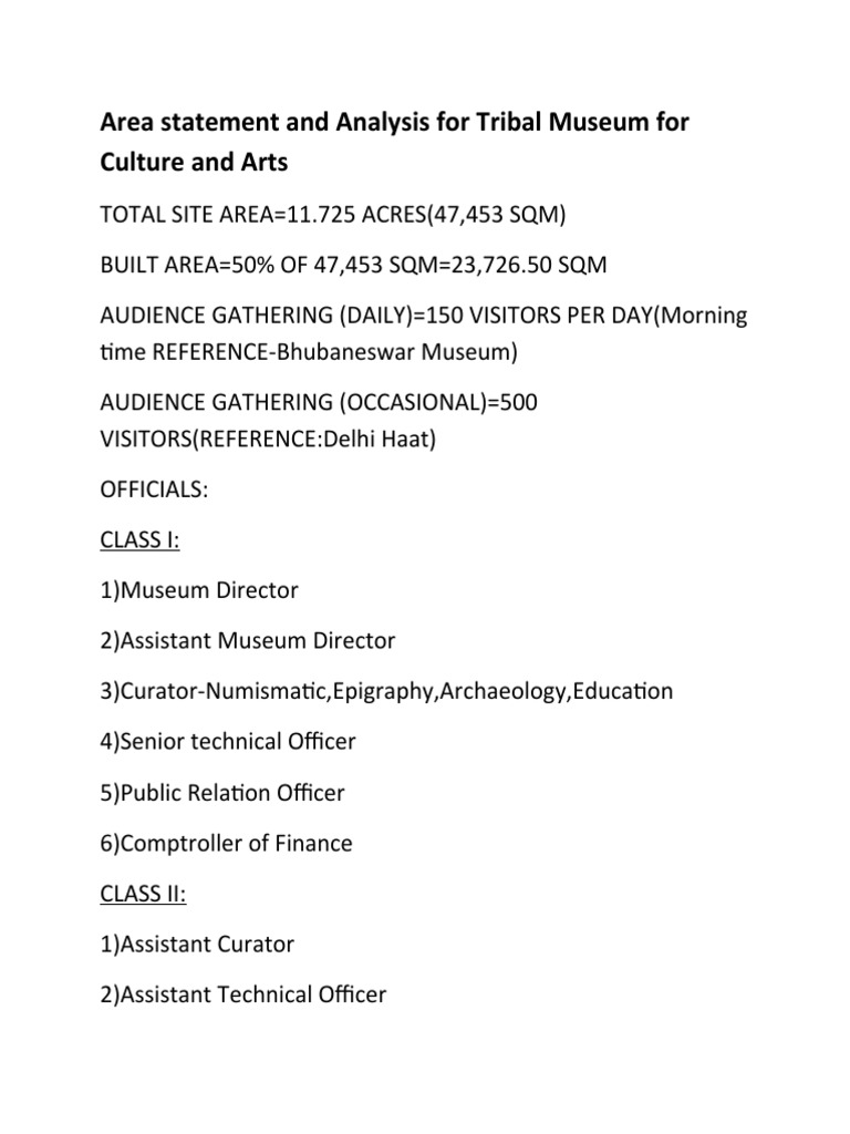 Area Statement and Analysis For Tribal Museum For Culture and Arts ...
