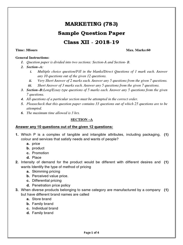 MARKETING (783) Sample Question Paper Class XII - 2018-19: Colour and ...