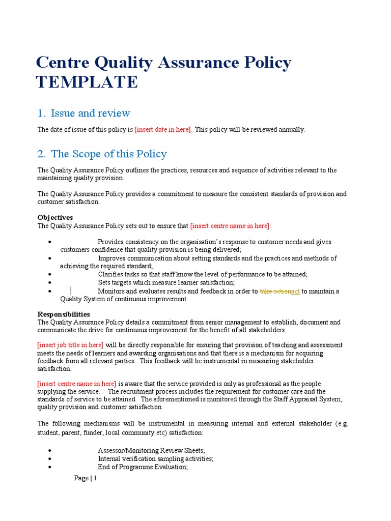 Quality Assurance Policy Template | PDF | Quality Assurance | Verification And Validation