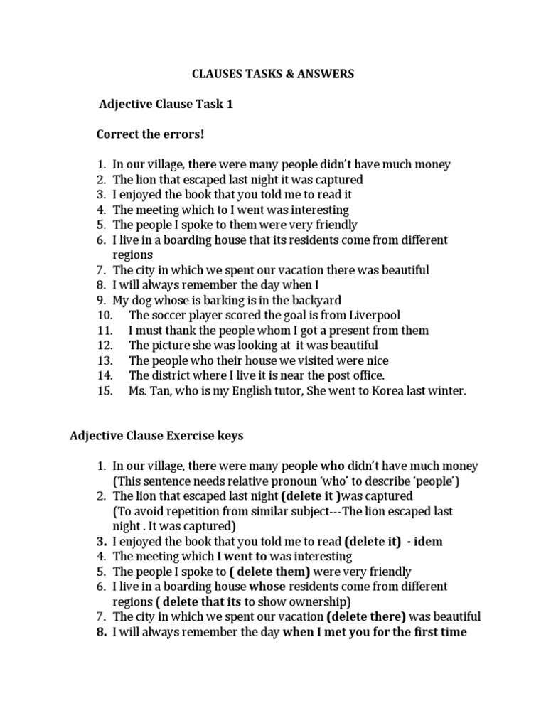 Clauses Tasks & Answers Adjective Clause Task 1 Correct The Errors ...