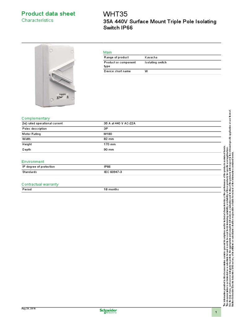 Product Data Sheet: 35A 440V Surface Mount Triple Pole Isolating Switch ...