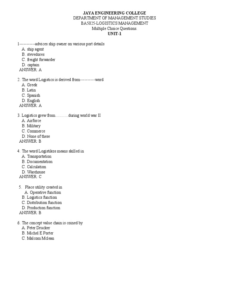 Logistics Management MCQs and Answers | PDF | Logistics | Supply Chain