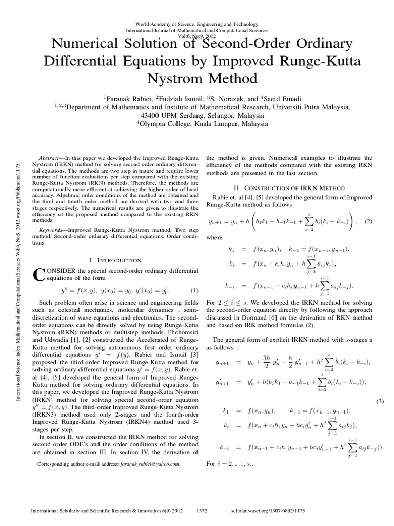 Numerical Solution of Second-Order Ordinary Differential Equations by Improved Runge-Kutta ...