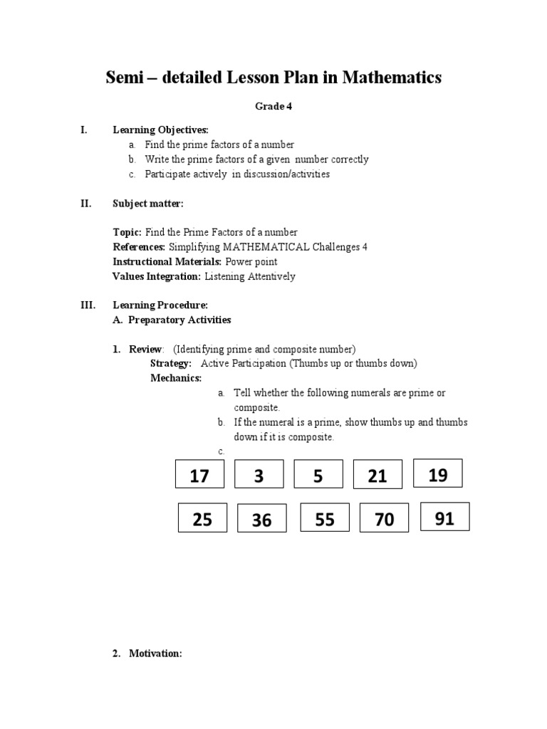Semi-Detailed Lesson Plan in MATH 4 - Prime Factorization | PDF ...