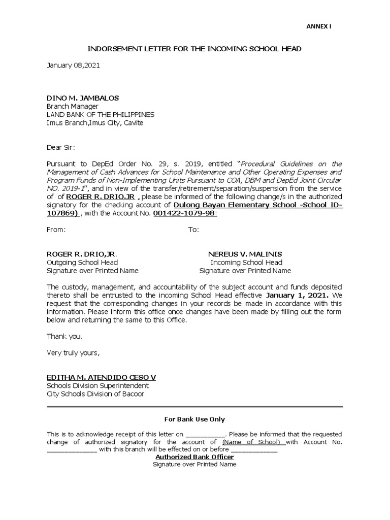 Annex I Indorsement Letter For The Incoming School Head: For Bank Use ...