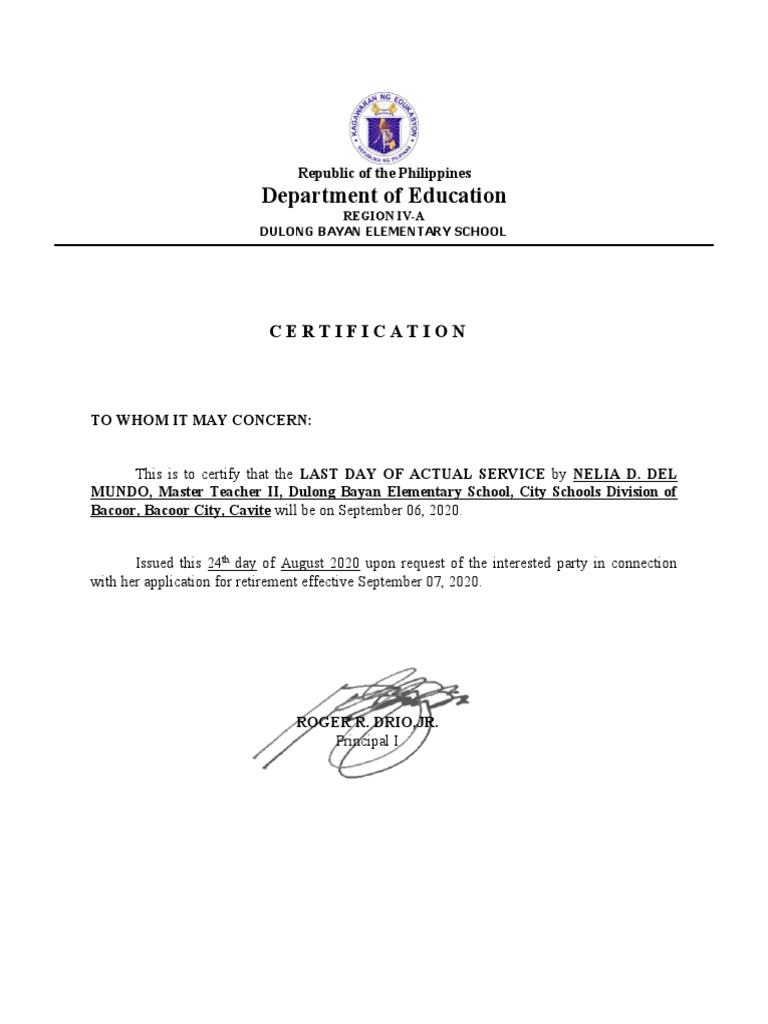 Certificate Last Day of Service | PDF