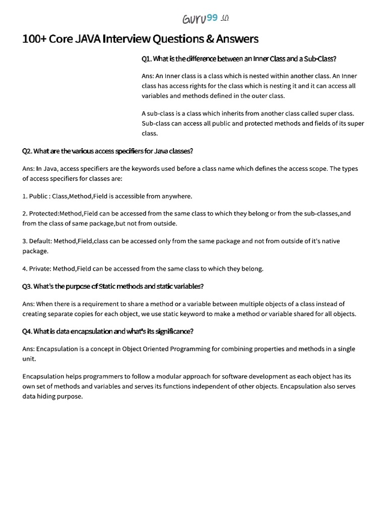 100+ Core JAVA Interview Questions & Answers | PDF