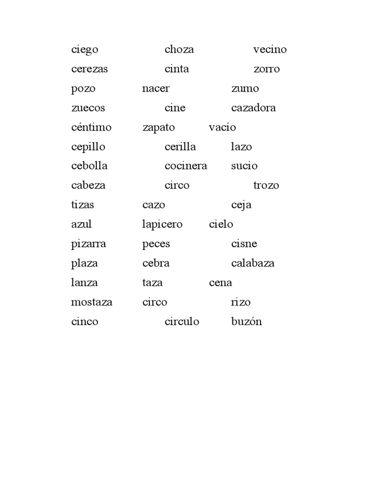 Lista de palabras con c, s y z | PDF