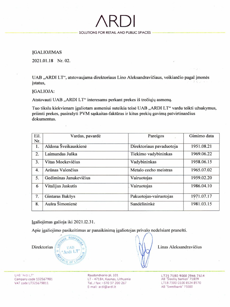Igaliojimas Pirkti Prekes 2021.01.18 Nr.2 ARDI | PDF