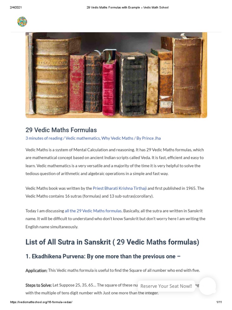 29 Vedic Maths Formulas With Example Vedic Math School | PDF | Vedas | Numbers