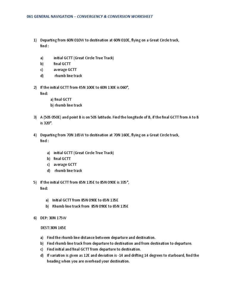 061 General Navigation - Convergency & Conversion Worksheet | PDF