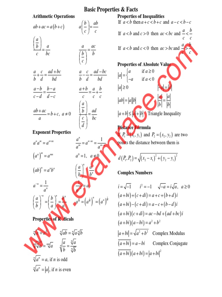 Basic Properties & Facts: Arithmetic Operations Properties of ...