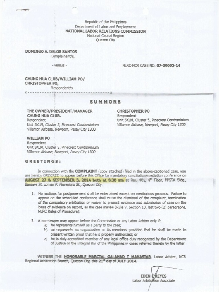 2014-07-21 (NLRC) Summons | PDF