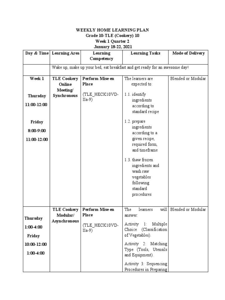TLECookery 10 2nd Quarter Week 1 WHLP | PDF | Behavior Modification | Learning