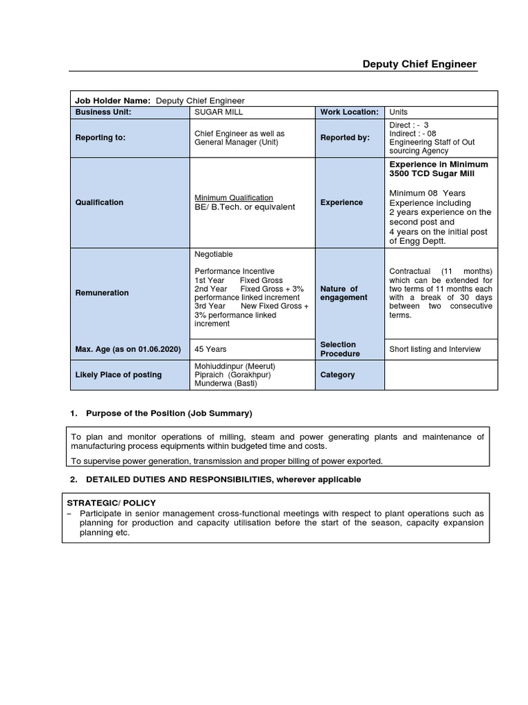 Deputy Chief Engineer - Job Profile | PDF | Business | Economies