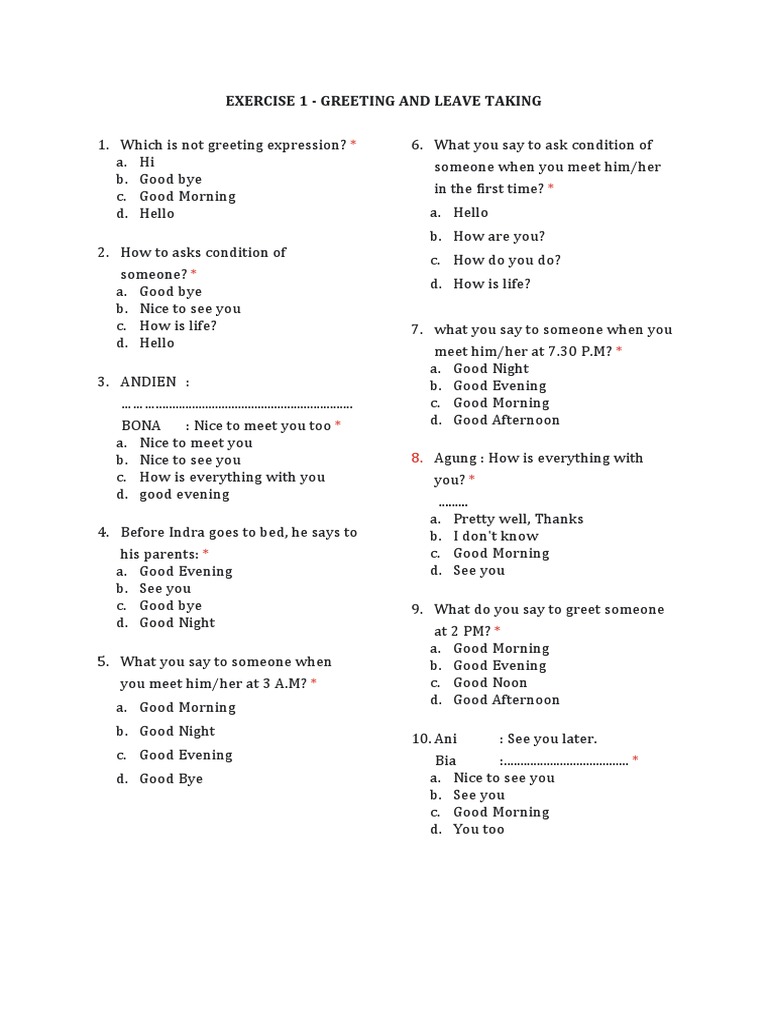 Grade 1 Greeting and Leave Taking Quiz | PDF