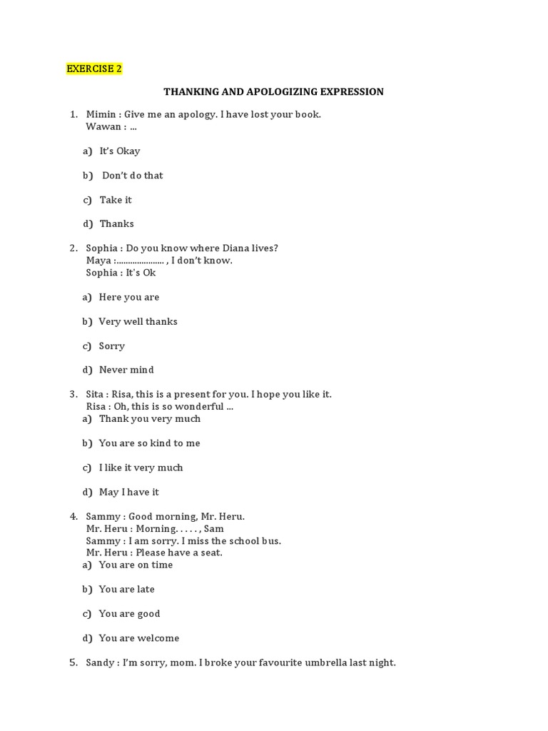 Exercise 2 - Thaking and Apologizing | PDF | Language Arts & Discipline | Art