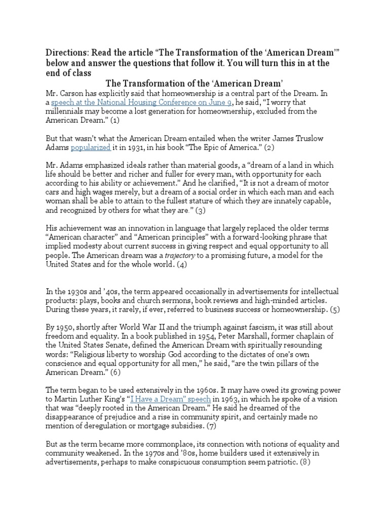 The Transformation of The American Dream Article and Qs | PDF ...