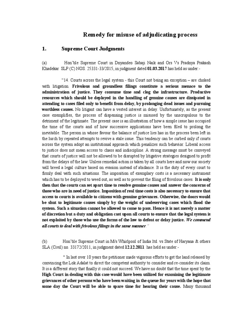 Supreme Court on Frivolous Litigation | PDF | Vexatious Litigation ...