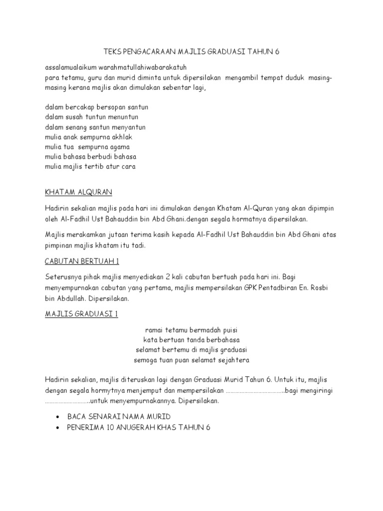 Teks Pengacara Majlis Graduasi Tahun 6 | PDF | Memasak, Makanan ...
