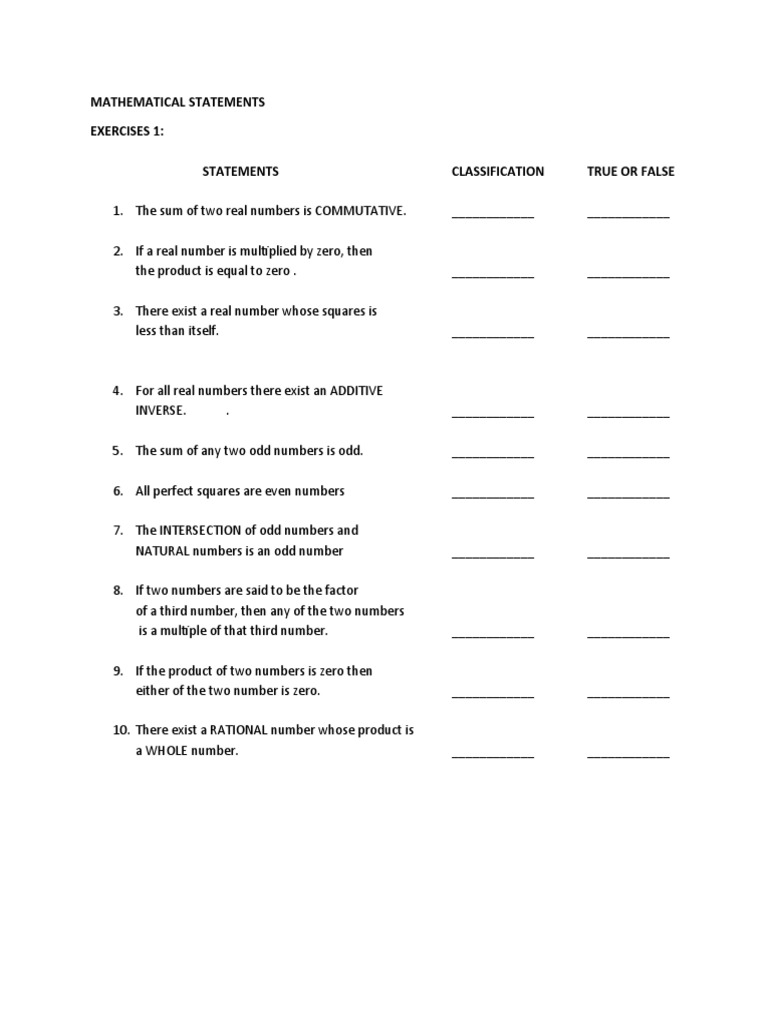 Mathematical Statements Exercises 1: Statements Classification True or ...