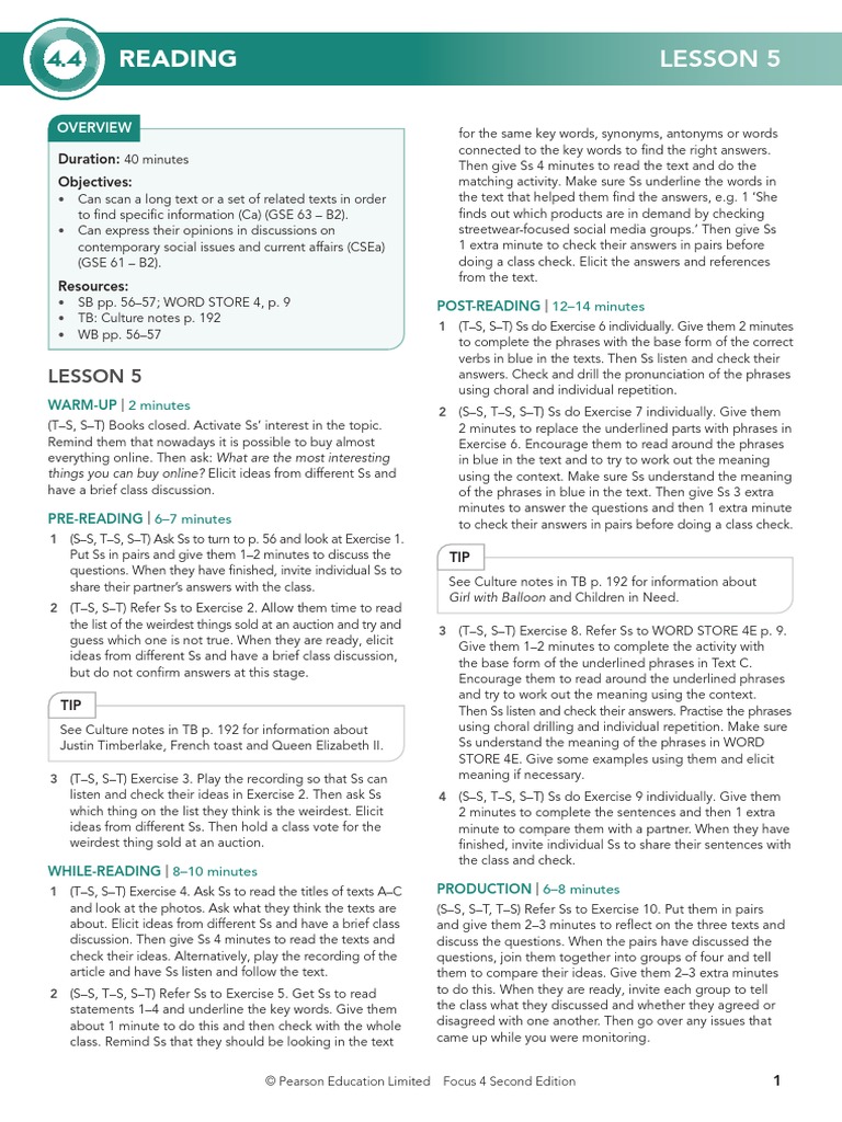 Focus4 2E LessonPlans U04 Lesson5 Reading | PDF | Human Communication ...