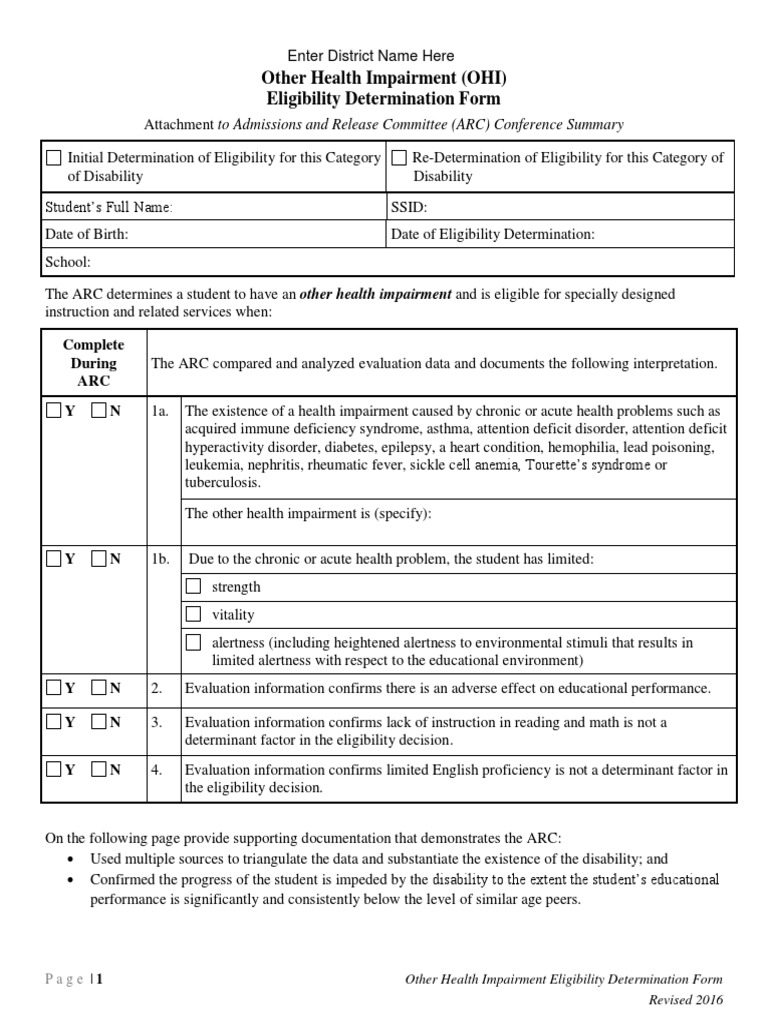 Other Health Impairment Eligibility Determination | PDF | Disability ...